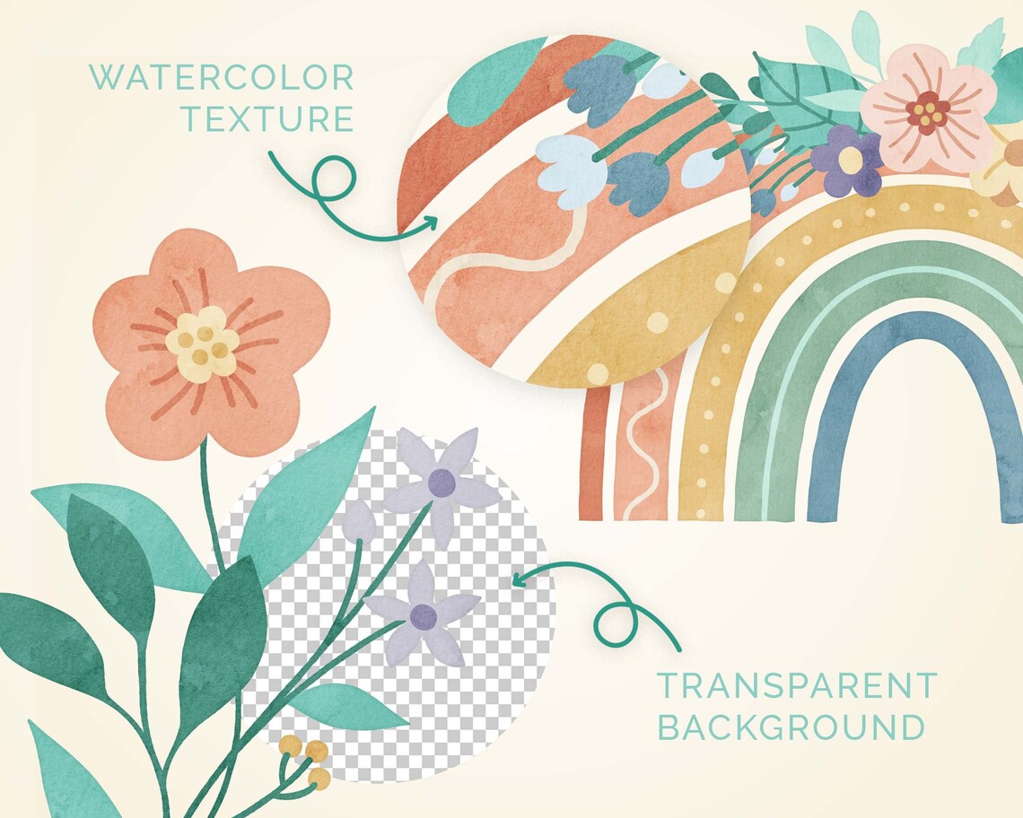 Watercolor Boho Floral Rainbows Clipart Graphics Bundle Set - Etsy