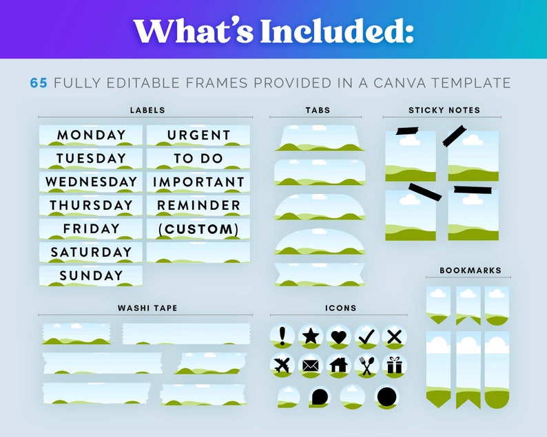 Planner Sticker Kit: Set of 65 Editable Canva Frames | Easy Drag and ...