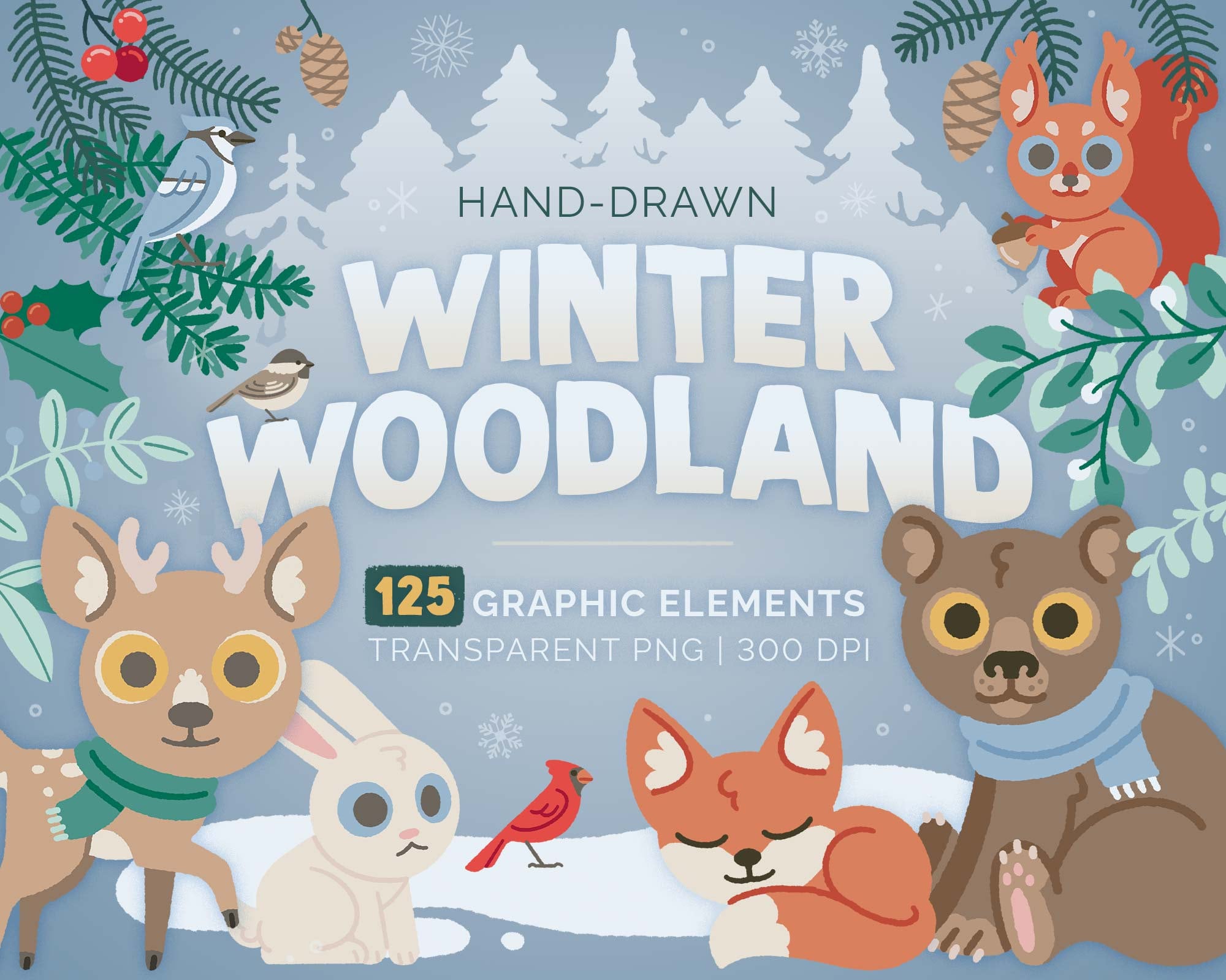 Set of 125 Winter Woodland Cute Hand Drawn Clipart Illustrated Graphics ...
