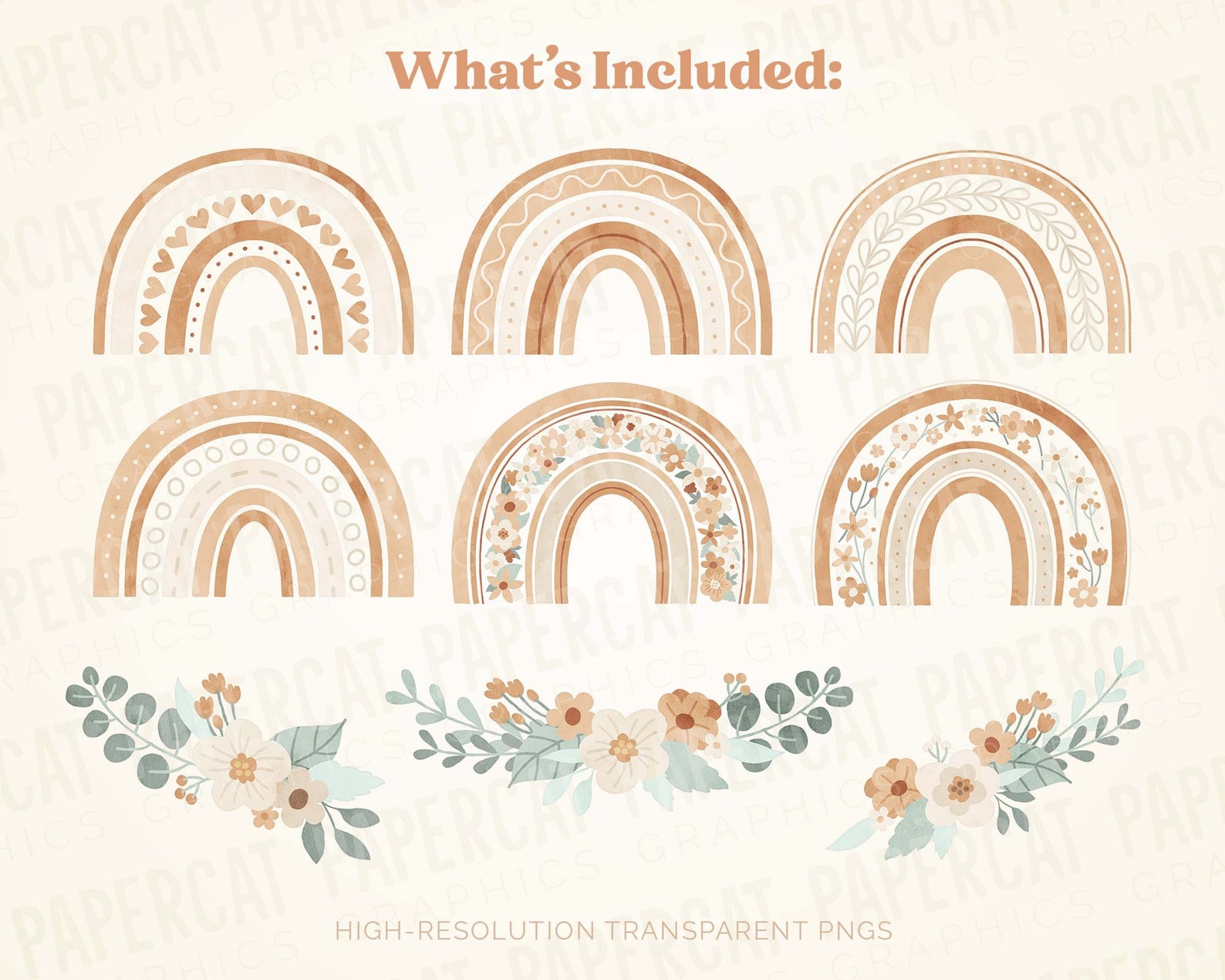 Watercolor Boho Floral Rainbows Clipart Graphics Bundle | Set of 65 ...