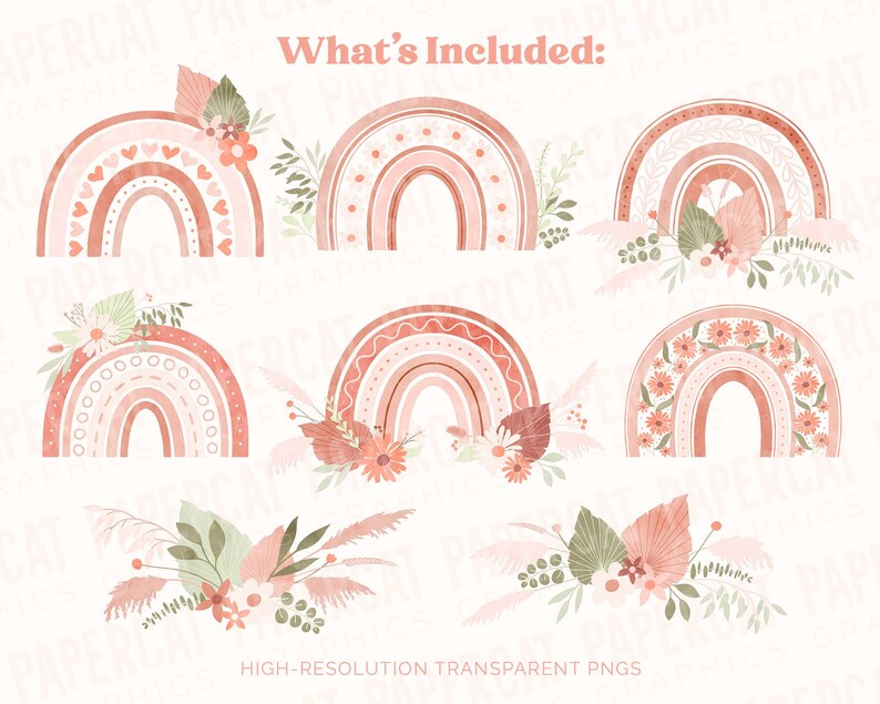 Watercolor Dried Floral Boho Rainbows Clipart Graphics Bundle | Set of ...