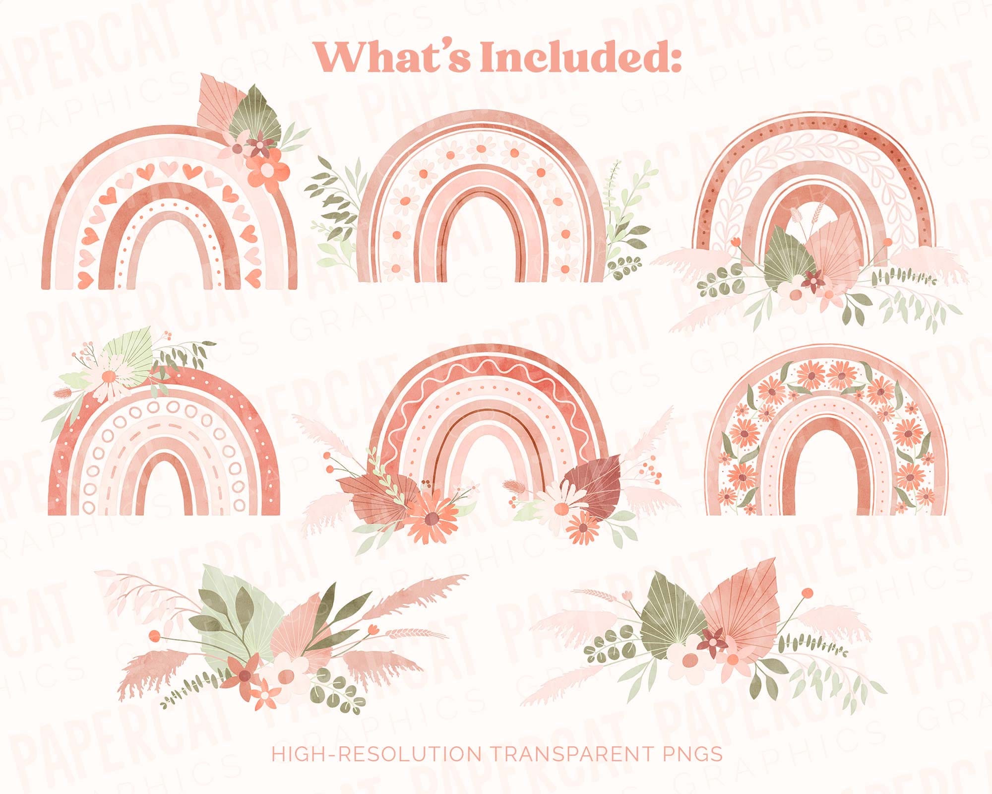 Watercolor Dried Floral Boho Rainbows Clipart Graphics Bundle | Set of ...