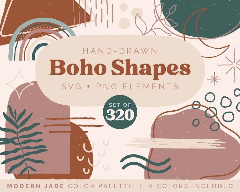Abstract Boho Shapes Clipart Graphics Bundle | Jade Set of 320 Illustrations | Modern Boho ...