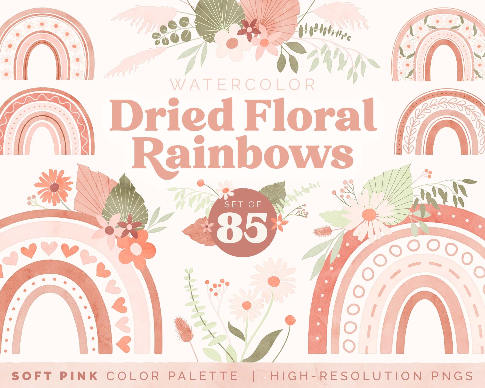 Watercolor Dried Floral Boho Rainbows Clipart Graphics Bundle | Set of ...