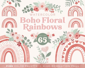 Watercolor Boho Floral Rainbows Clipart Graphics Bundle Set of 65 ...