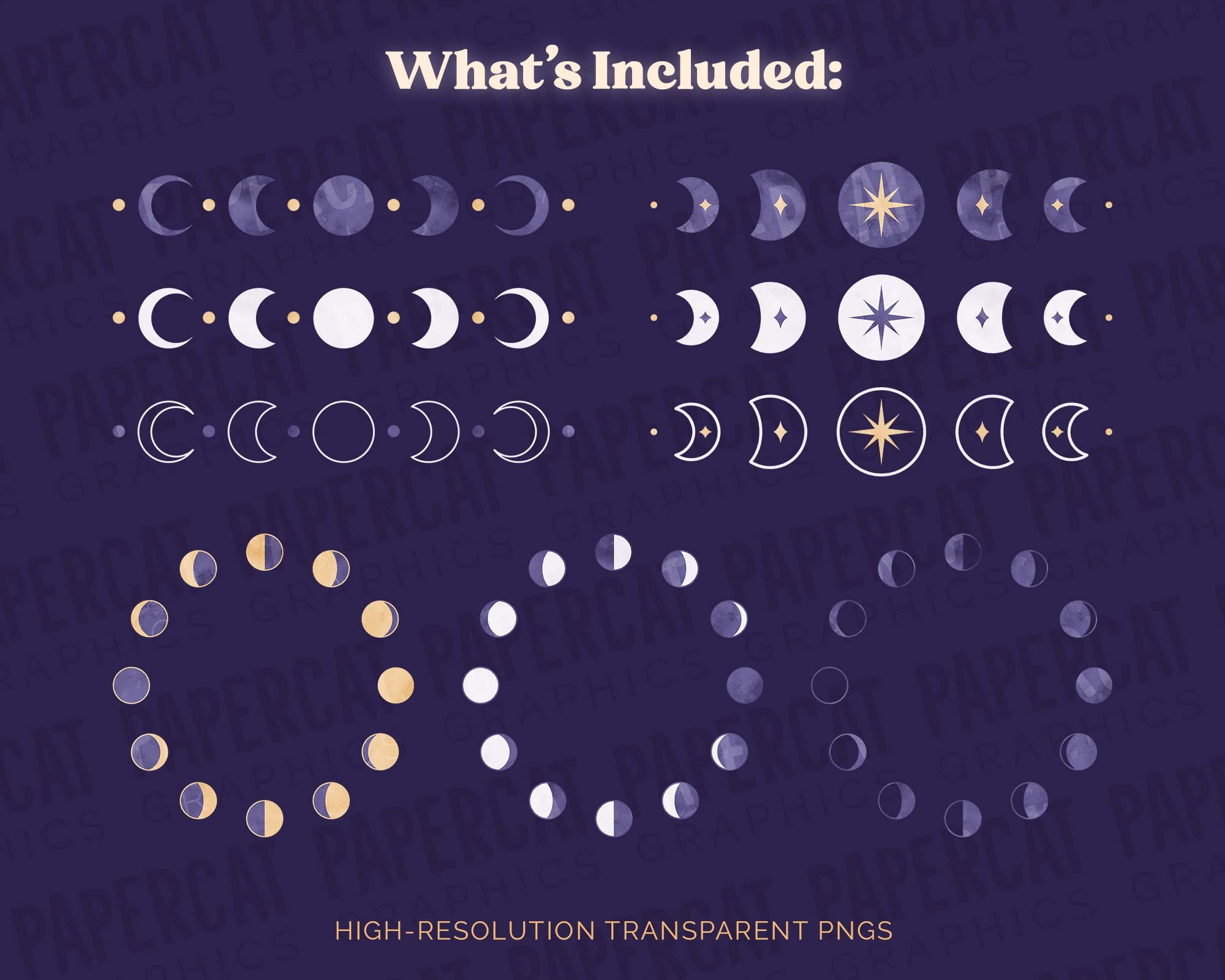 Boho Watercolor Moons Clipart Graphics Bundle Set of 102 Moon Cycle ...