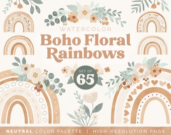 Watercolor Boho Floral Rainbows Clipart Graphics Bundle Set - Etsy