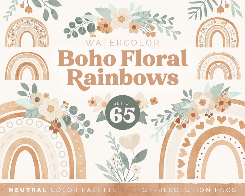 Watercolor Boho Floral Rainbows Clipart Graphics Bundle | Set of 65 ...