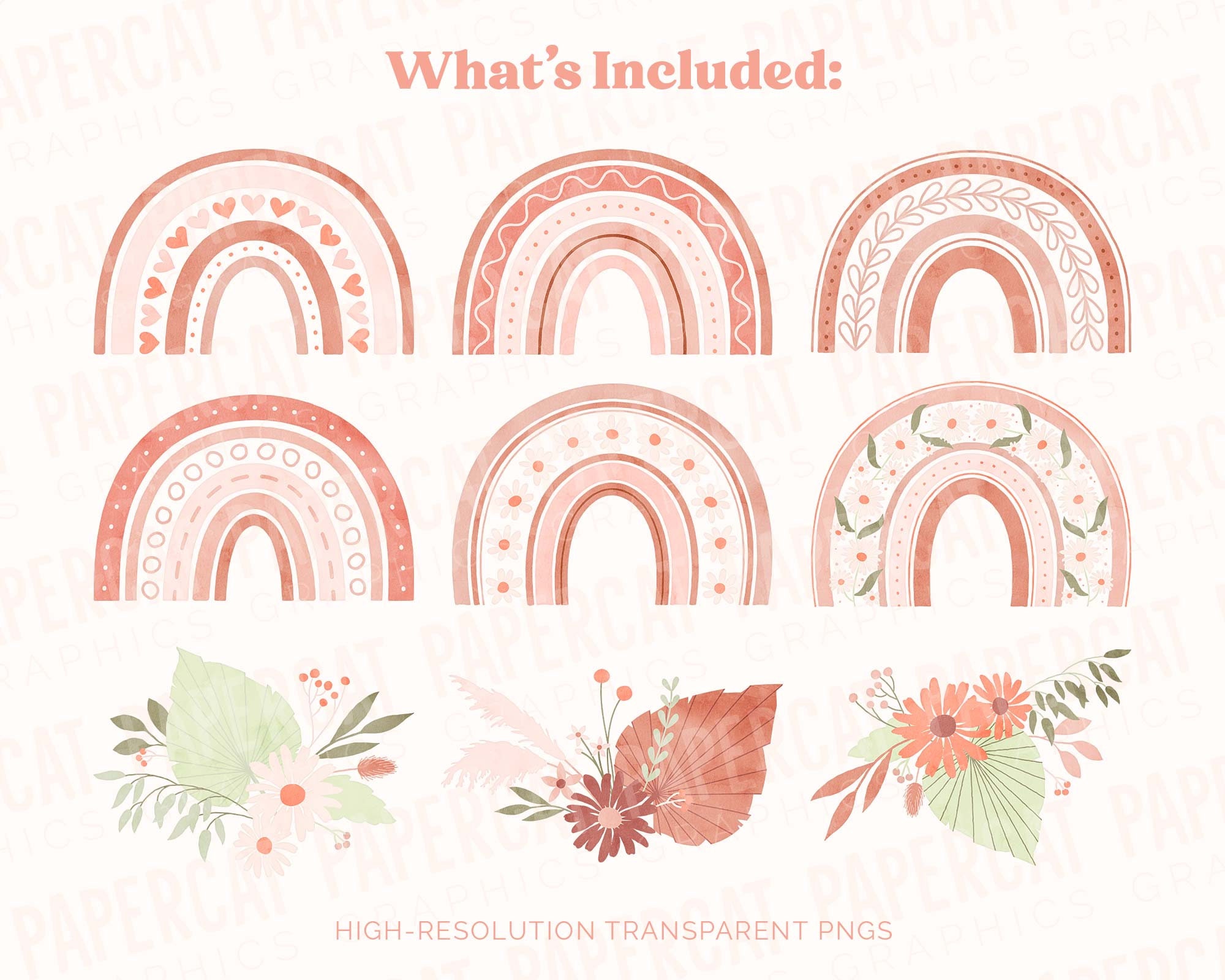 Watercolor Dried Floral Boho Rainbows Clipart Graphics Bundle | Set of ...