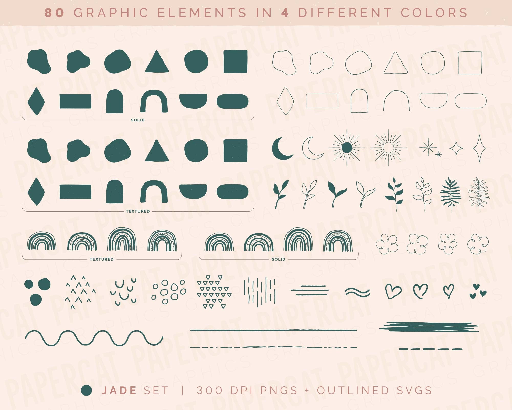 Abstract Boho Shapes Clipart Graphics Bundle | Jade Set of 320 Illustrations | Modern Boho ...