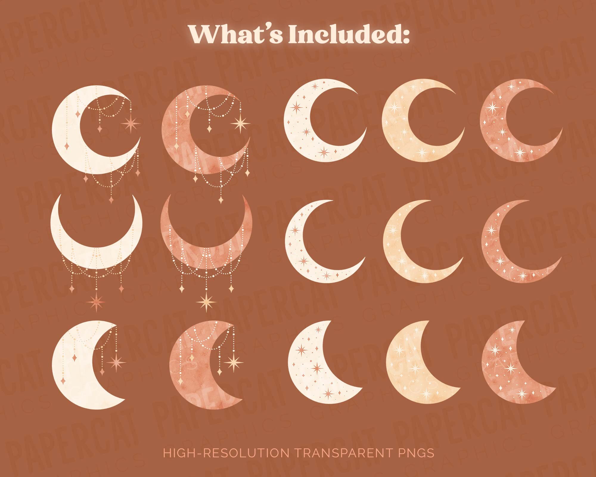 Boho Watercolor Moons Clipart Graphics Bundle | Set of 102 Moon Cycle ...