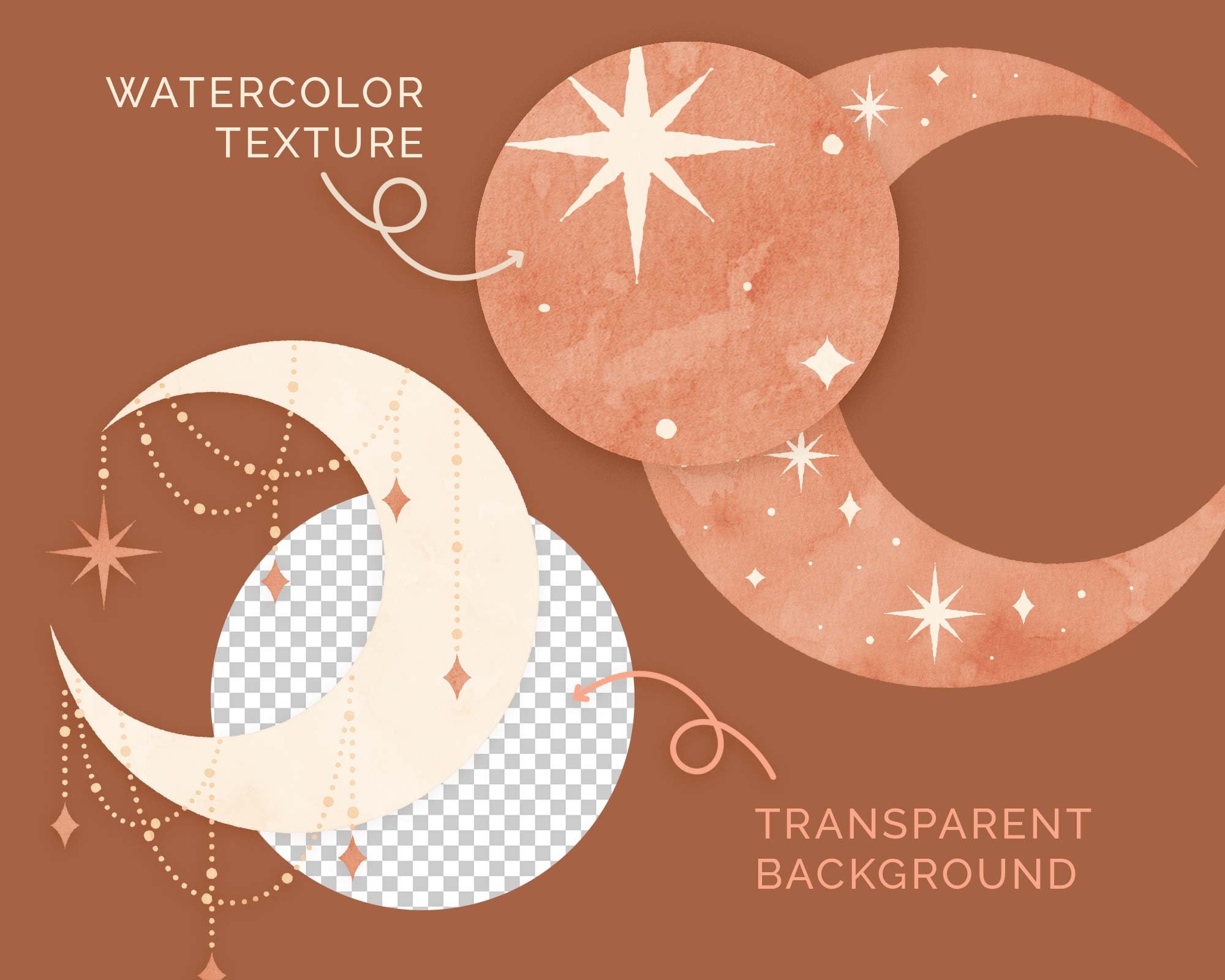 Boho Watercolor Moons Clipart Graphics Bundle | Set of 102 Moon Cycle ...