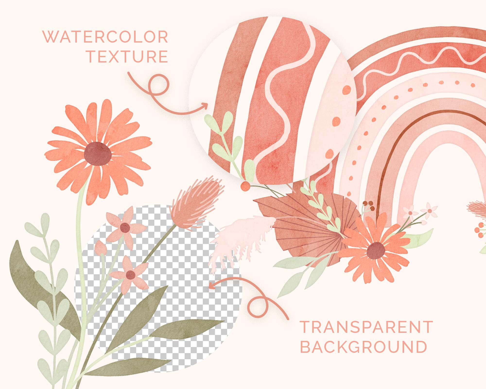 Watercolor Dried Floral Boho Rainbows Clipart Graphics Bundle | Set of ...
