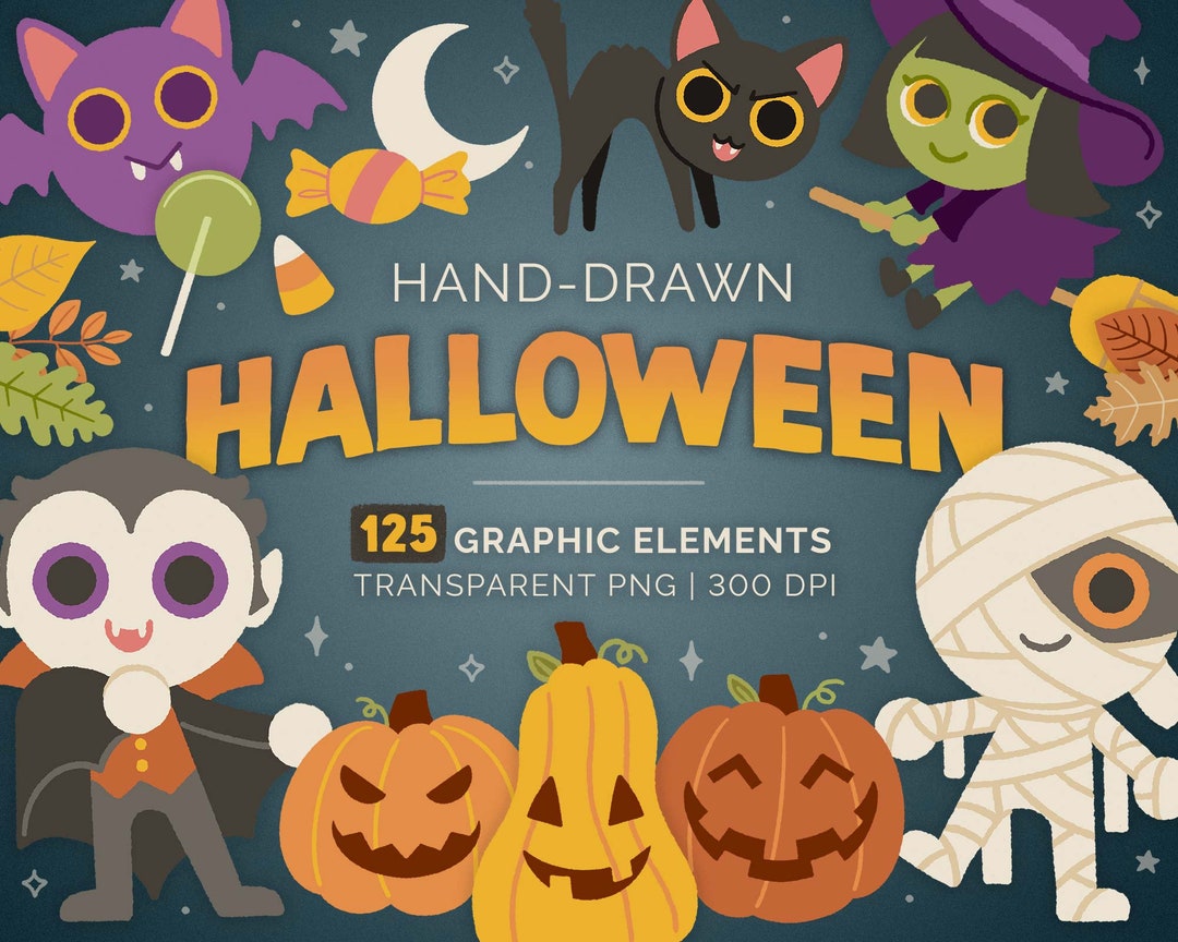 Set of 125 Cute Hand Drawn Halloween Clipart Illustrated Graphics ...