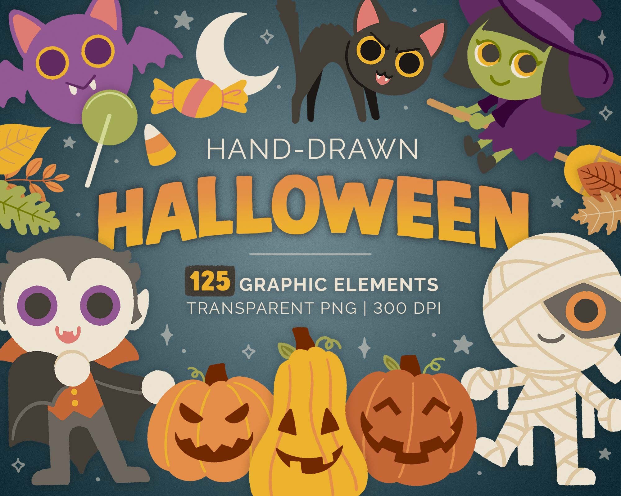 Set of 125 Cute Hand Drawn Halloween Clipart Illustrated - Etsy