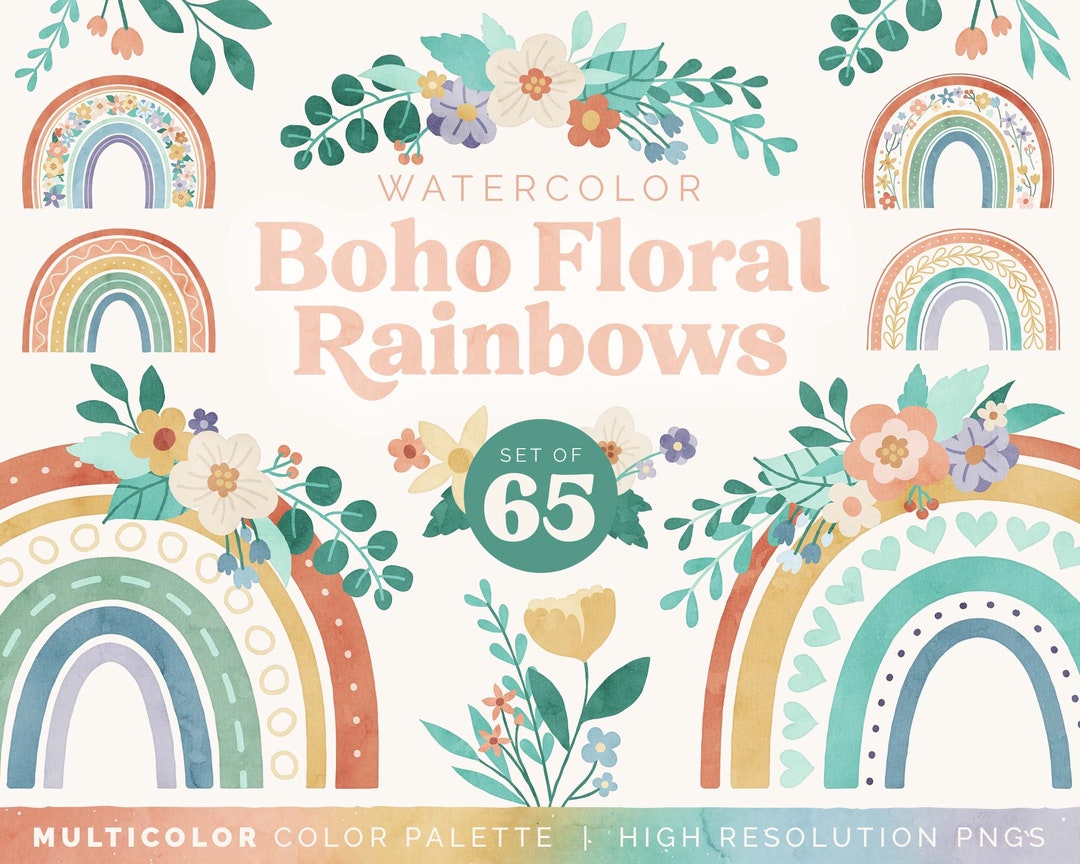 Watercolor Boho Floral Rainbows Clipart Graphics Bundle | Set of 65 ...