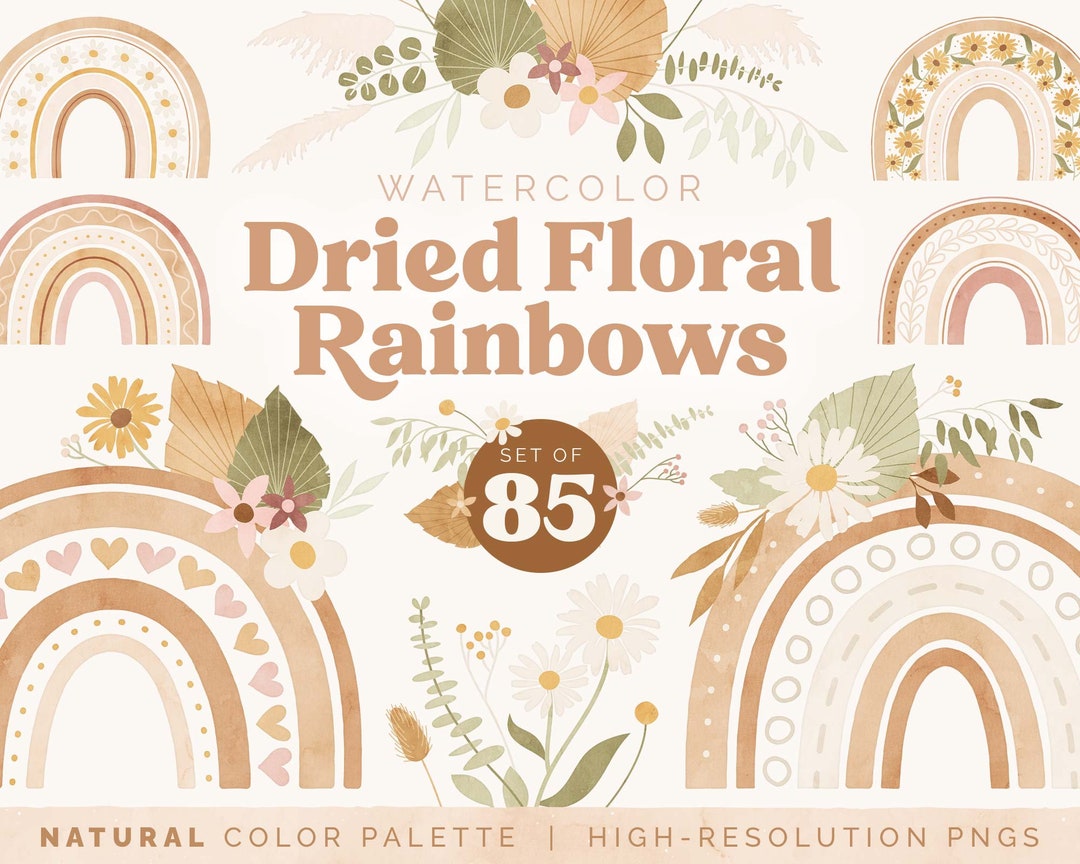 Watercolor Dried Floral Boho Rainbows Clipart Graphics Bundle | Set of ...