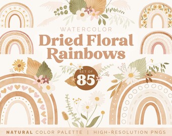 Watercolor Boho Floral Rainbows Clipart Graphics Bundle Set of 65 ...