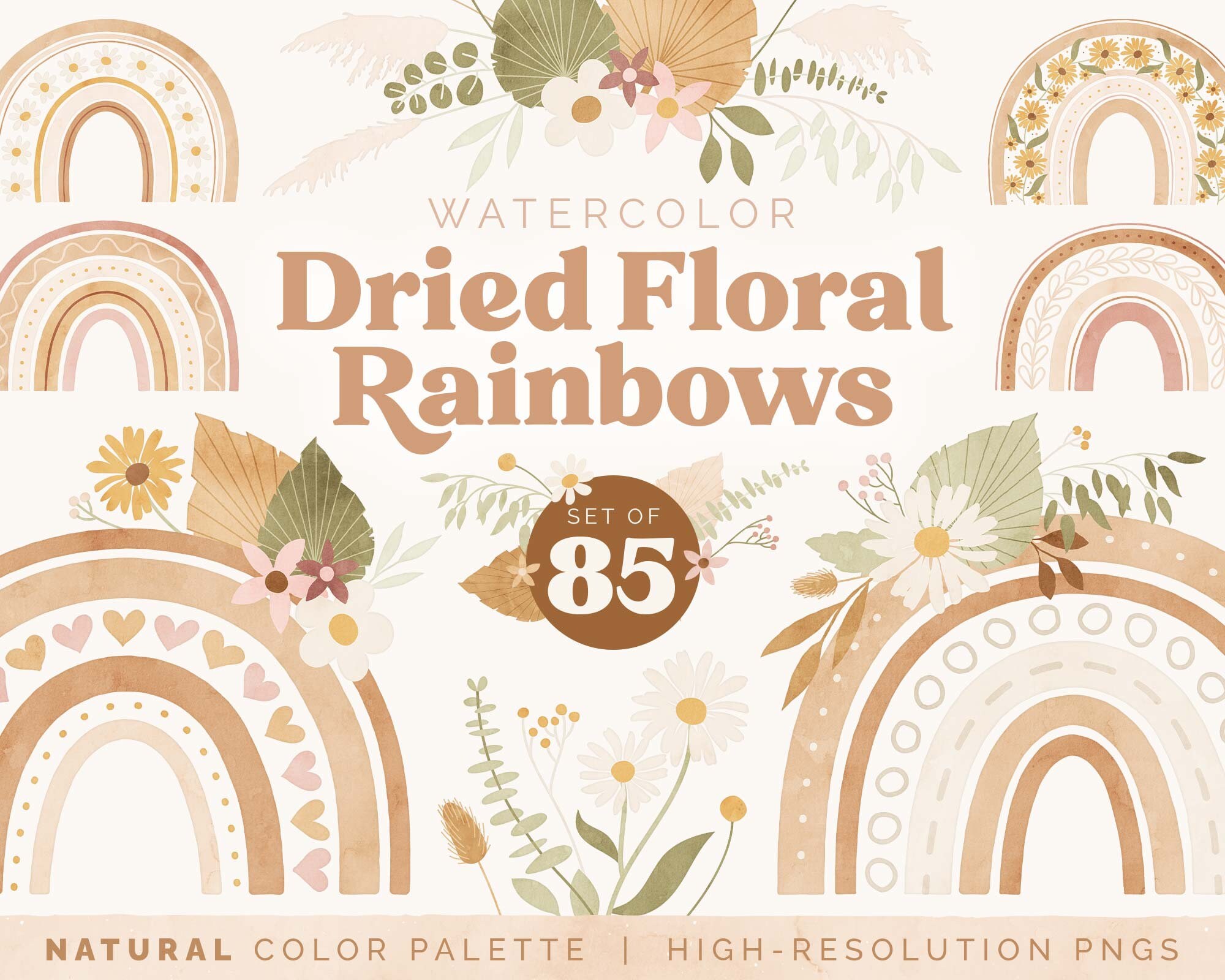 Watercolor Dried Floral Boho Rainbows Clipart Graphics Bundle | Set of ...