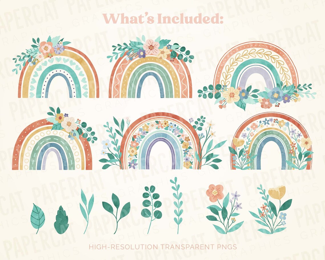 Watercolor Boho Floral Rainbows Clipart Graphics Bundle | Set of 65 ...