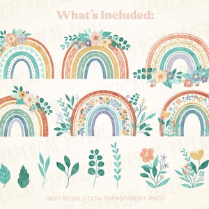 Watercolor Boho Floral Rainbows Clipart Graphics Bundle | Set of 65 ...