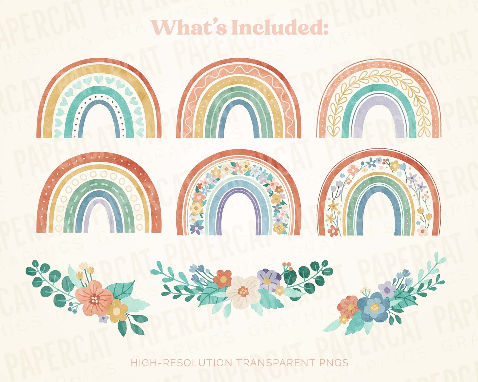 Watercolor Boho Floral Rainbows Clipart Graphics Bundle Set - Etsy