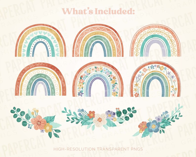 Watercolor Boho Floral Rainbows Clipart Graphics Bundle Set - Etsy