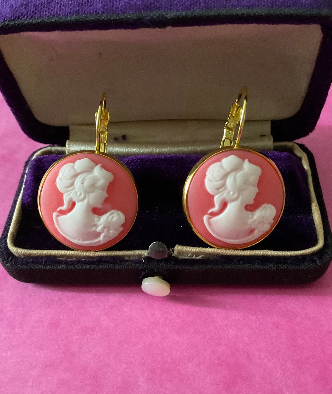 Vintage CAMEO Pink BAKELITE GOLD Plated Earrings - Elegant Original ...