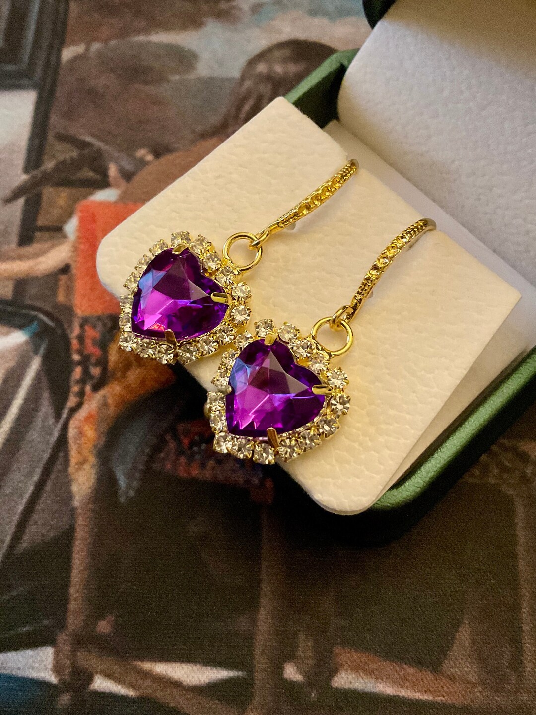 Vintage HERZ AMETHYST Topas vergoldete Ohrringe viktorianisches Design ...