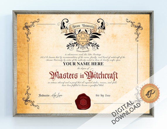 Editable PDF. Masters in Witchcraft Certificate. Digital - Etsy