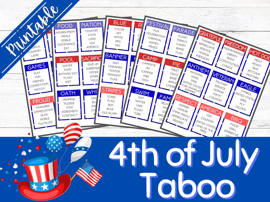 4th of July Taboo | Printable Taboo Cards | Printable Games | Forbidden ...