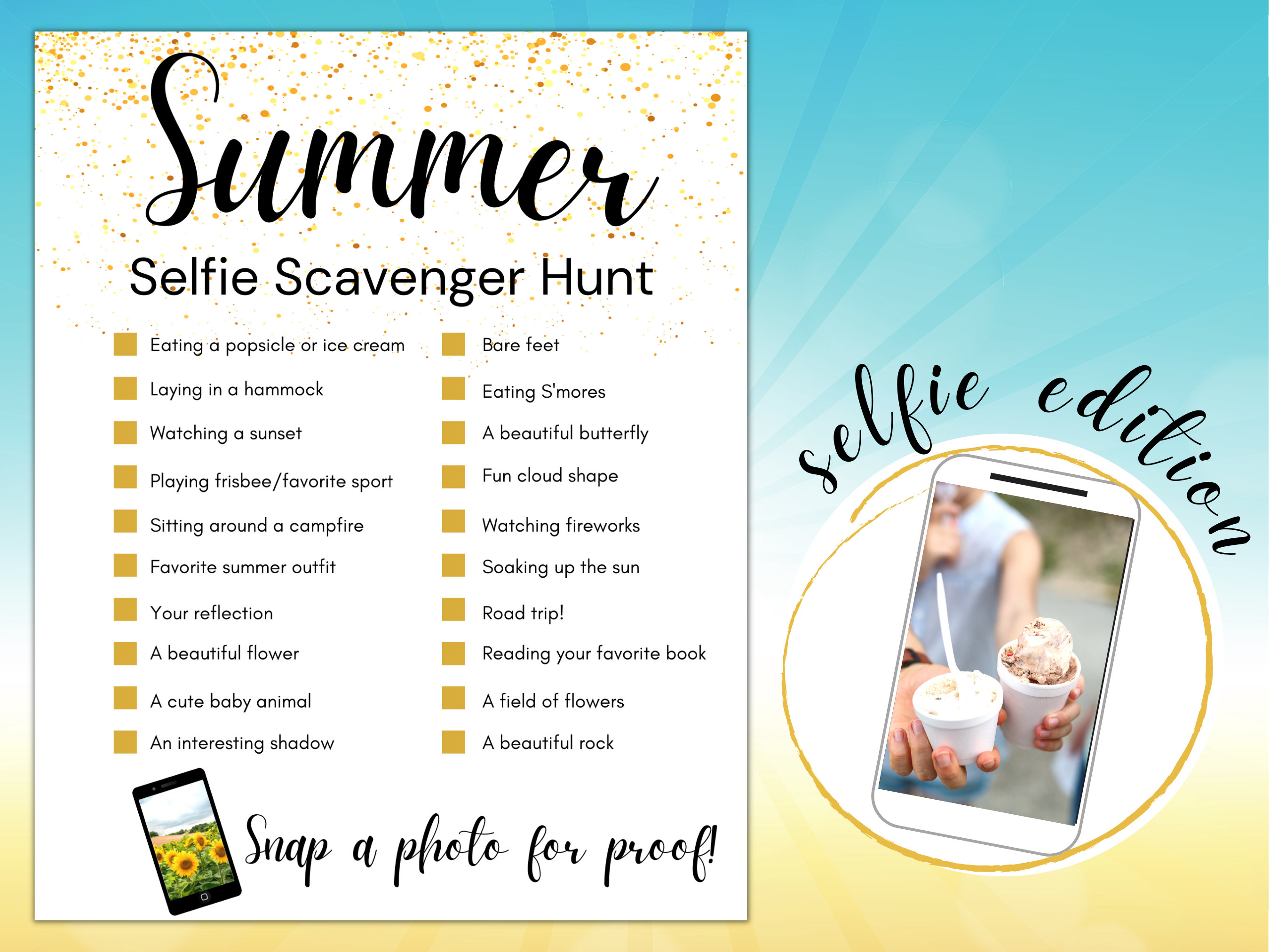 Summer Selfie Scavenger Hunt | Photo Scavenger Hunt | Printable Party ...