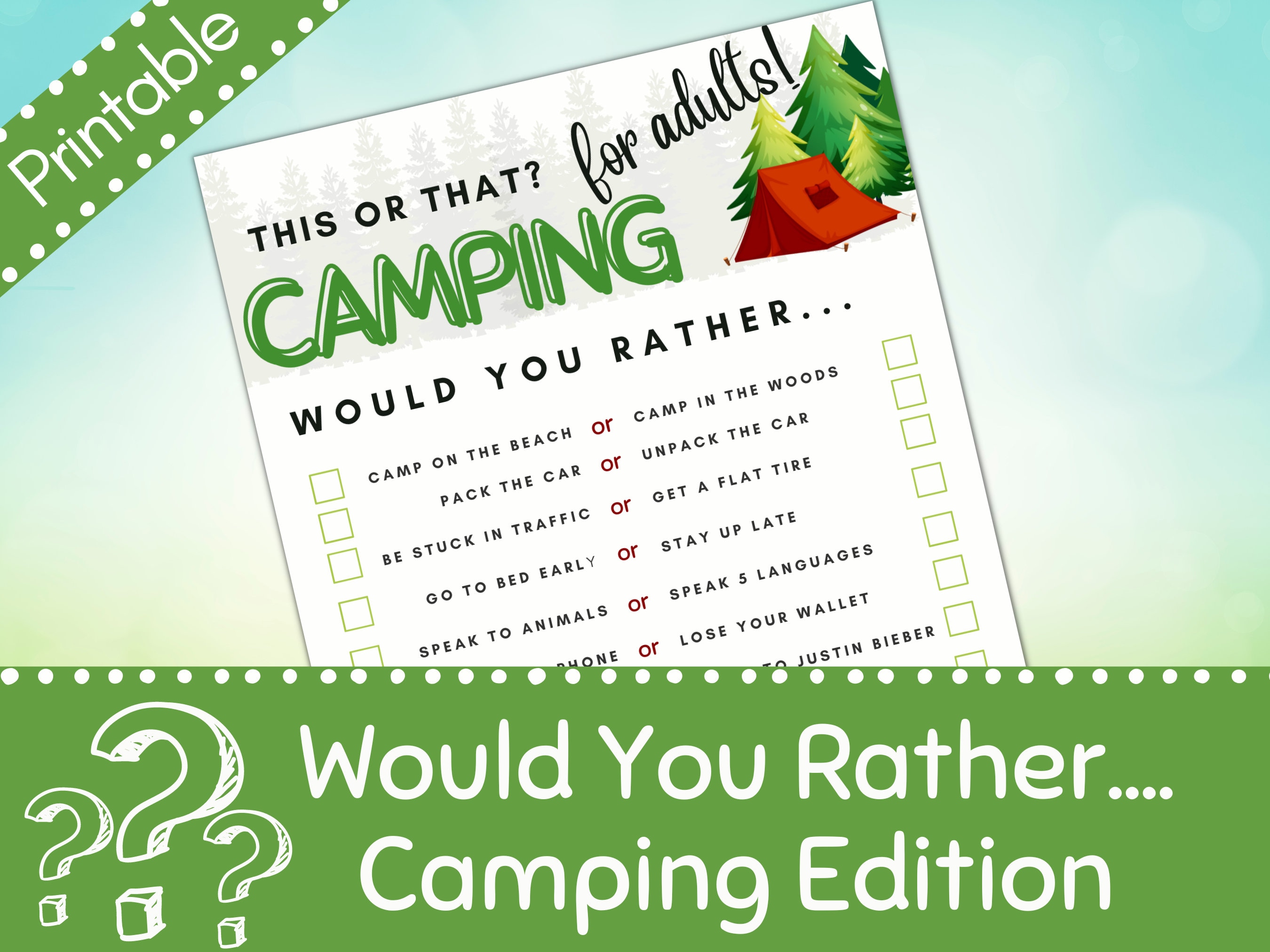 Would You Rather Camping Game | This or That | Camping Activity ...