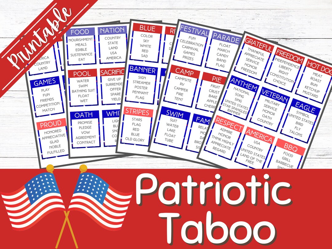 Memorial Day Taboo | Printable Taboo Cards | Printable Games ...
