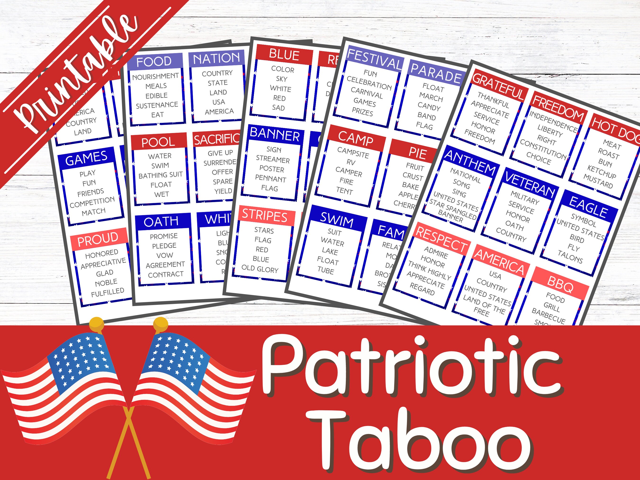 Memorial Day Taboo | Printable Taboo Cards | Printable Games ...