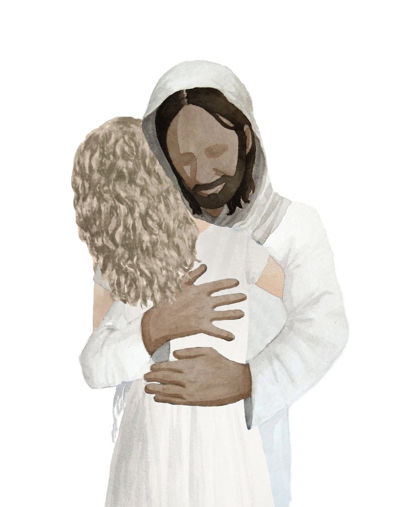 Jesus Christ Hugging Girl With Fair Skin And Curly Blonde Hair