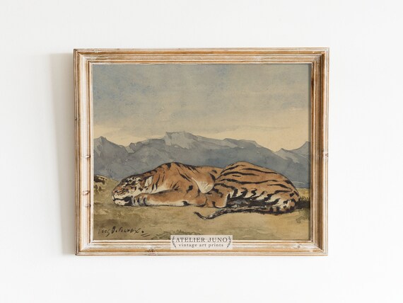 Reclining Tiger Vintage Watercolor Painting Animal Print - Etsy
