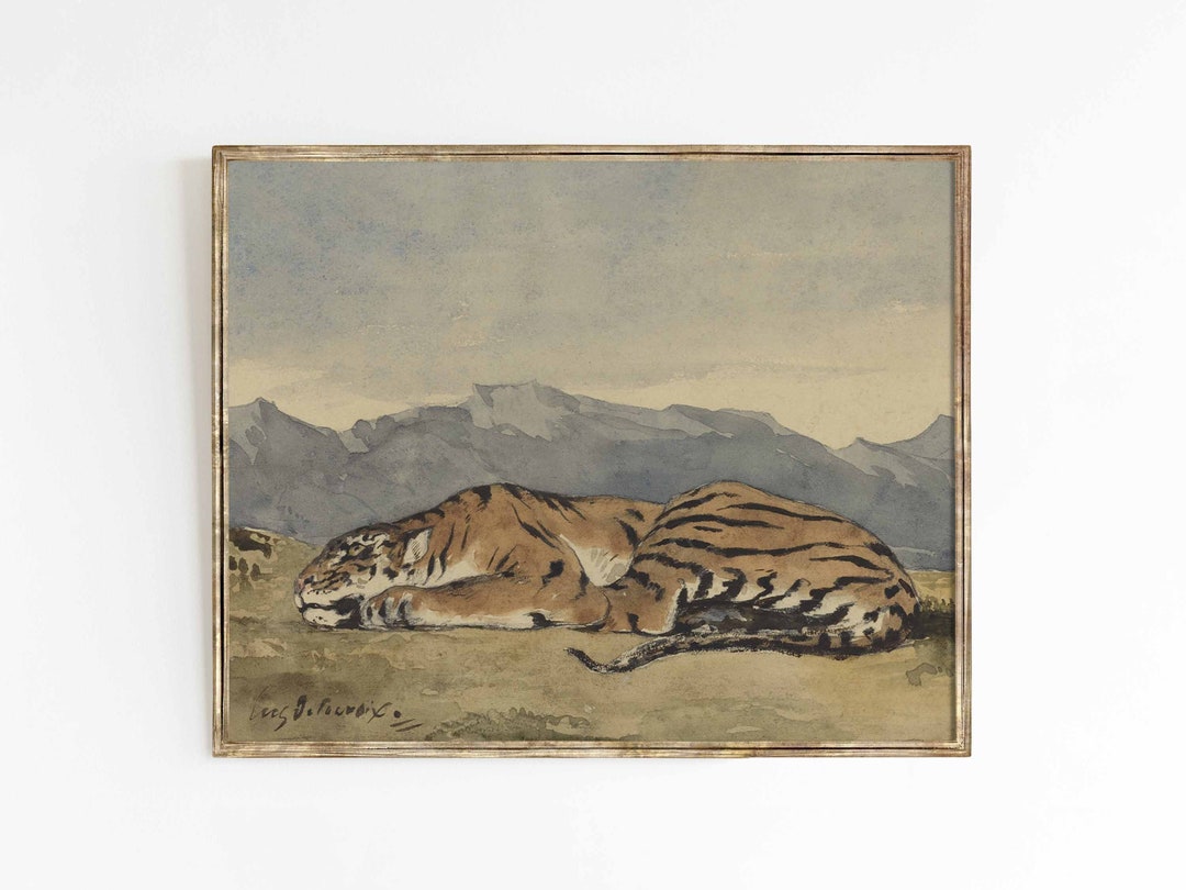 Reclining Tiger | Vintage Watercolor Painting Animal Print | Bohemian ...