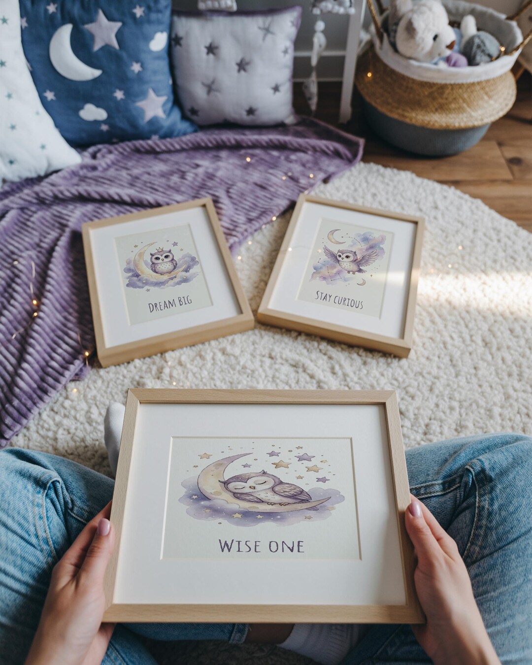 Watercolor Owl Nursery Set, Pastel Celestial Moon and Stars Trio - Etsy