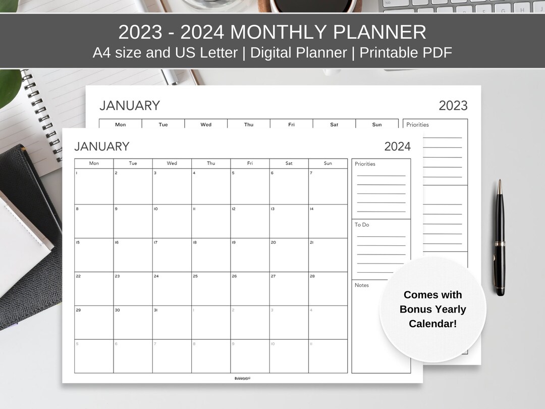 2023 2024 Minimalist Monthly Calendar Planner + Yearly Calendar ...