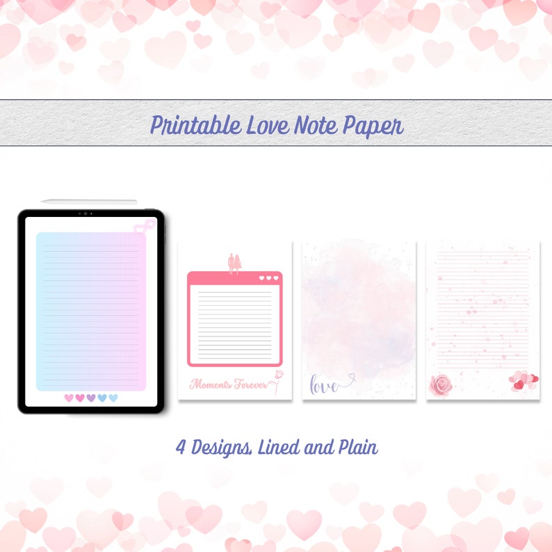 Love Notes Paper Bundle Printable Stationery Digital Note Paper A4 and ...
