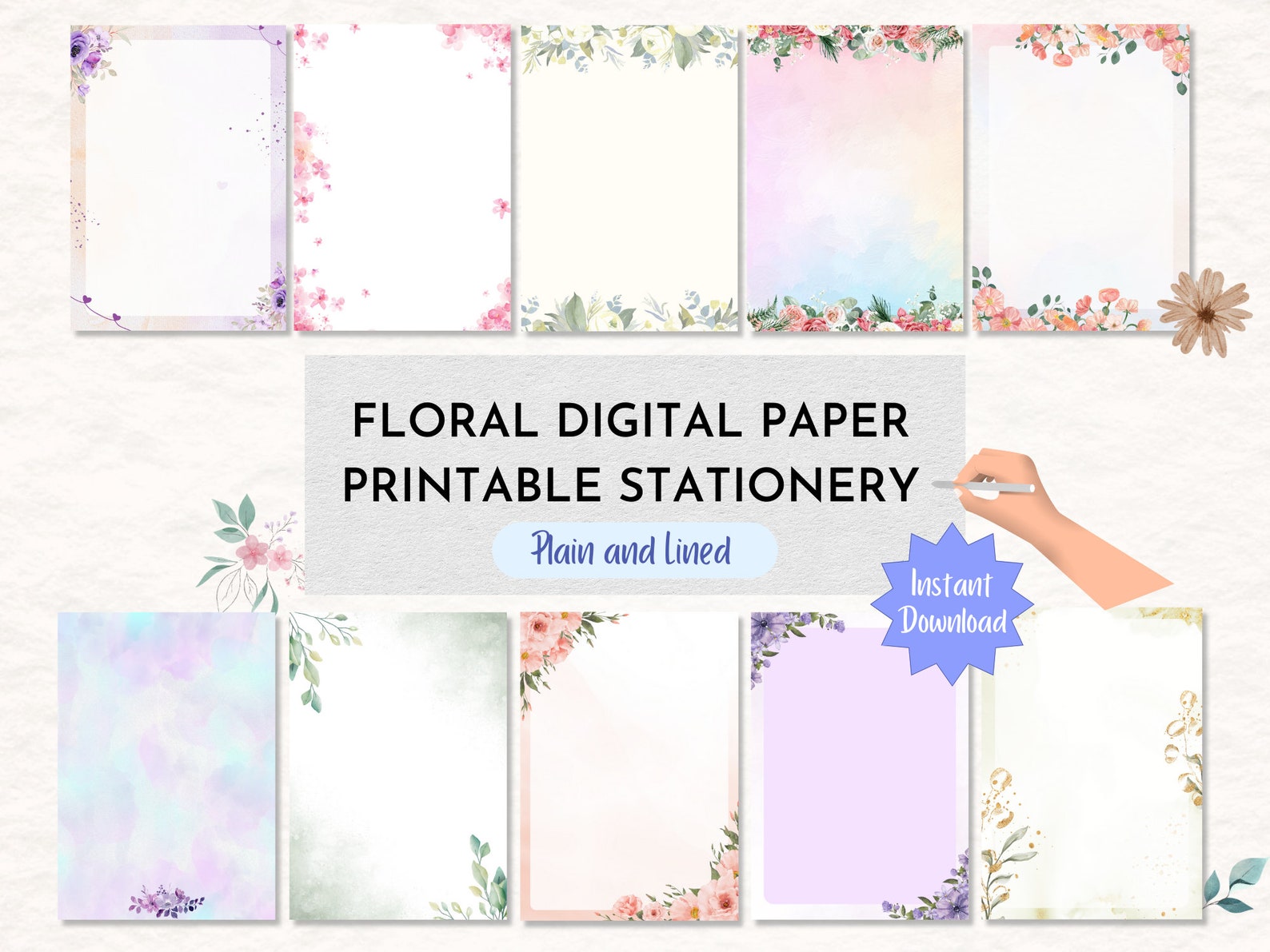 Floral Prints Paper Bundle Flower Prints Printable Stationery Digital ...