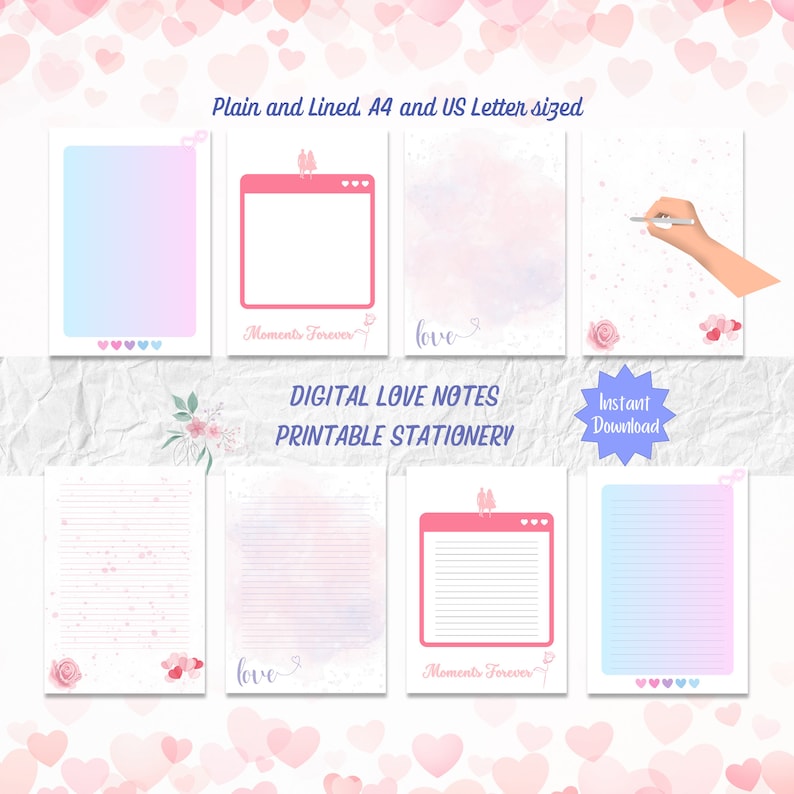 Love Notes Paper Bundle Printable Stationery Digital Note Paper A4 and ...
