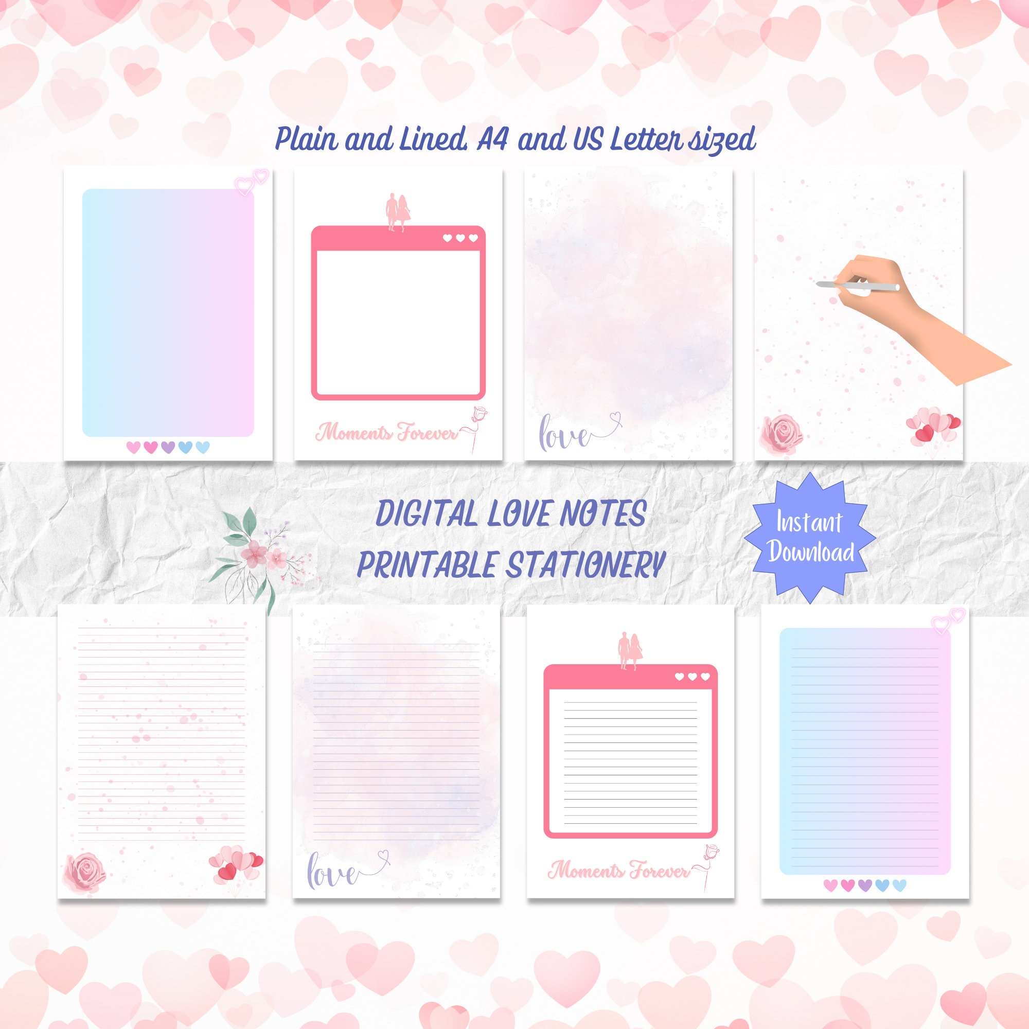 Love Notes Paper Bundle Printable Stationery Digital Note Paper | A4 ...