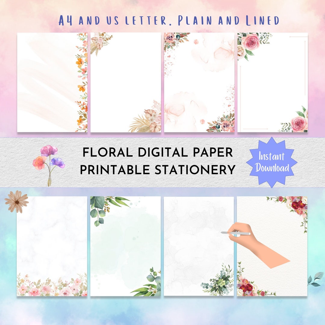 Floral Digital Note Paper Bundle Flower Prints Printable Stationery ...
