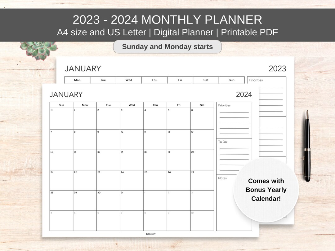2023 2024 Minimalist Monthly Calendar Planner and Yearly Calendar ...