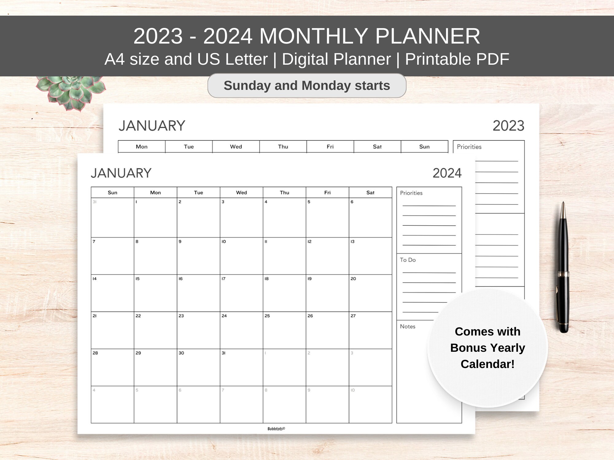 2023 2024 Minimalist Monthly Calendar Planner and Yearly Calendar ...