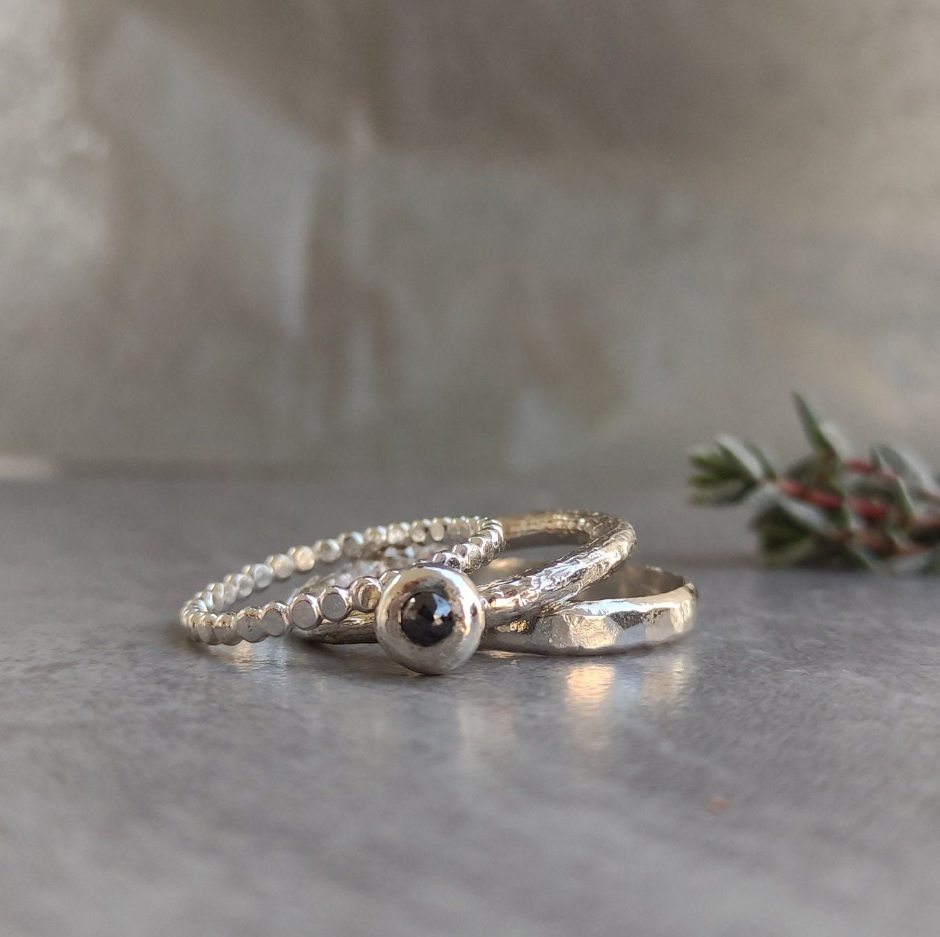 Black Diamond Stacking Ring, Set of Rings, Alternative Engagement Ring ...