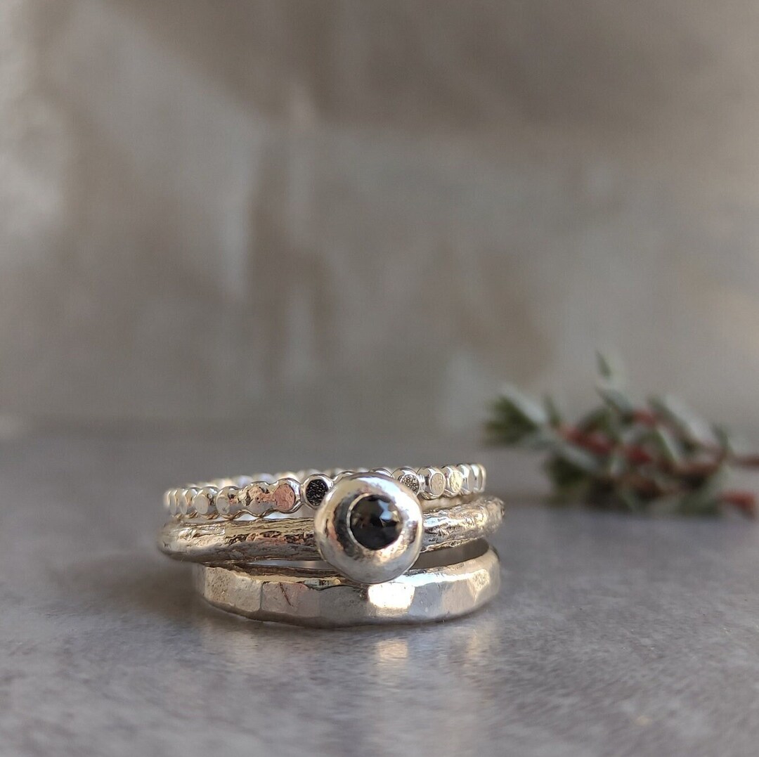 Black Diamond Stacking Ring, Set of Rings, Alternative Engagement Ring ...