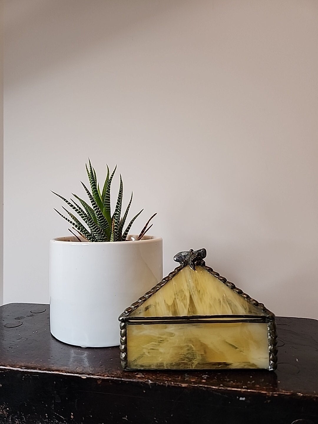 Slag Glass Trinket Box Triangular Prism Leaded Hinged Lid Mirrored ...